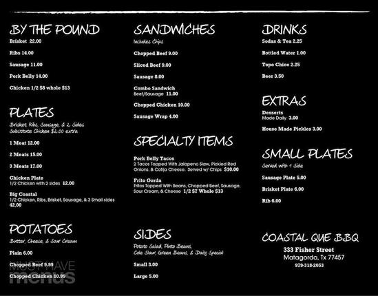 Carta de Coastal Que BBQ & More, Matagorda