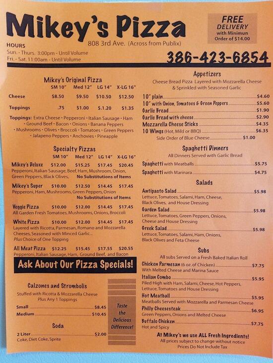 Menu at Mikey's Pizza pizzeria, New Smyrna Beach, 806 E 3rd Ave
