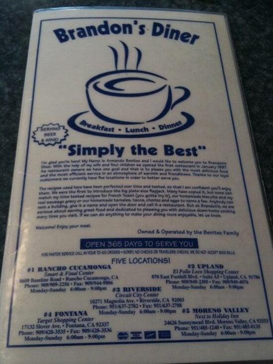 Menu at Brandon's Diner restaurant, Rancho Cucamonga, Base Line Rd