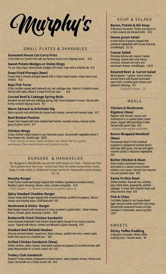 Menu at Murphy's Lockside pub & bar, Kawartha Lakes