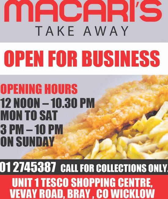 Menu at Macari's Tesco Vevay Road Bray restaurant, Bray