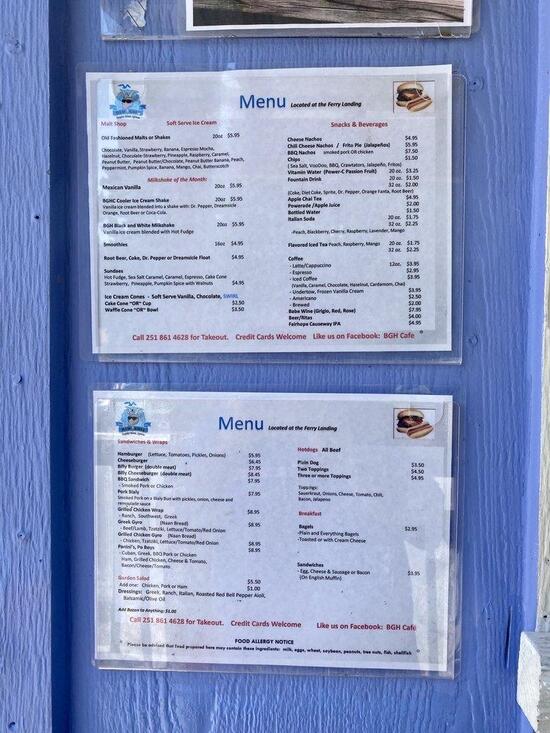 Menu at BGH Cafe, Dauphin Island