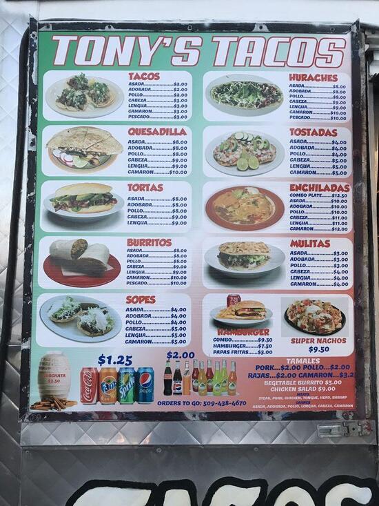 Menu at Tony's Tacos restaurant, Kennewick, W Clearwater Ave