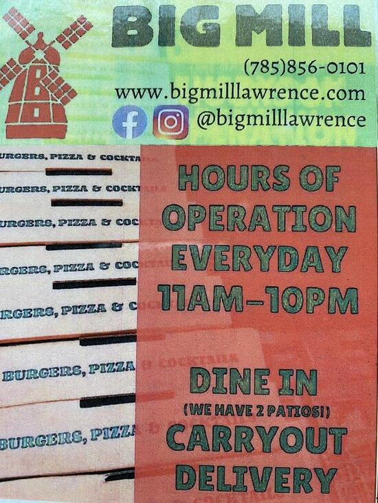 Menu at Big Mill pub & bar, Lawrence