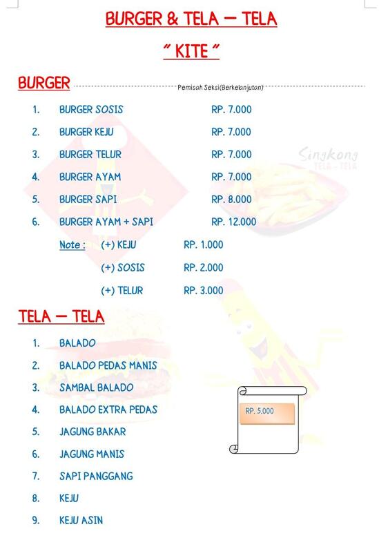 Menu at BURGER TELA TB cafe, Singkawang