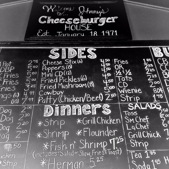 Menu at Johnny's Cheeseburger House restaurant, Ninety Six
