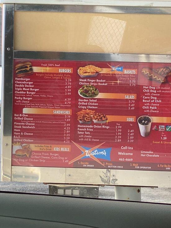 Menu at Watson's Drive In restaurant, Denison