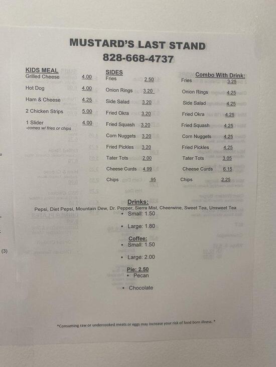 Menu at Mustard's Last Stand restaurant, Old Fort