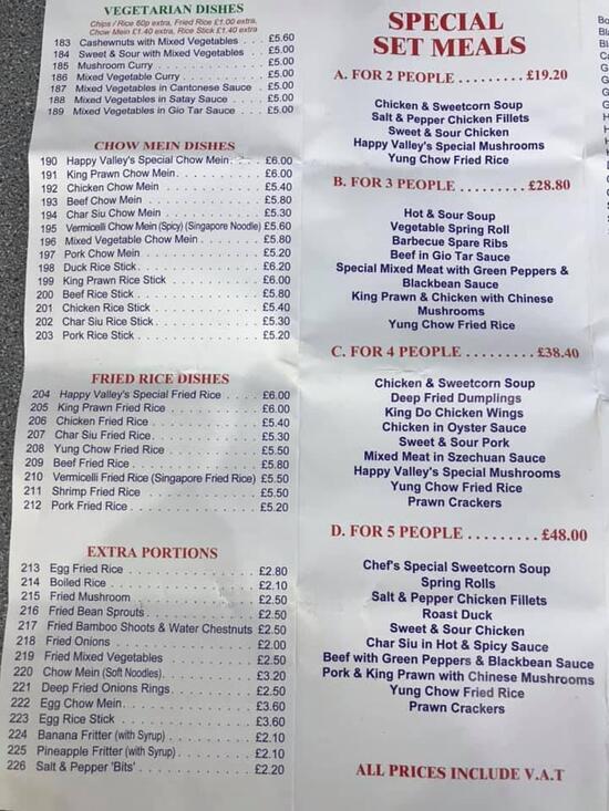 Menu at Happy Valley Chinese Takeaway restaurant, Bacup
