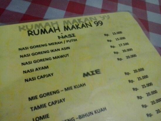 Menu at 99 Rumah Makan restaurant, Jember, Jl. A. Yani No. 23