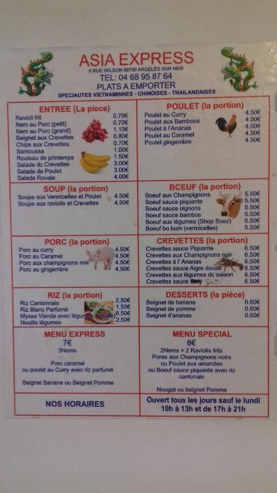 Menu at Asia Express restaurant, Argelès-sur-Mer