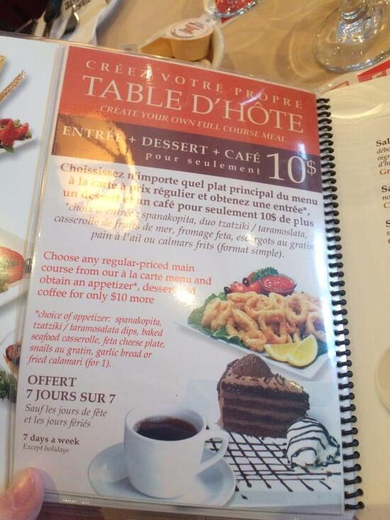 Menu at Casa Grecque restaurant, Salaberry-de-Valleyfield