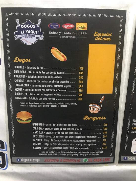 Menu at Dogos "El Yaqui" restaurant, Mexico City