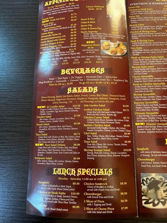 Menu at Castello's Restaurant, State Line