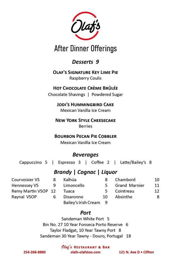 Menu at Olaf's Restaurant and Bar, Clifton