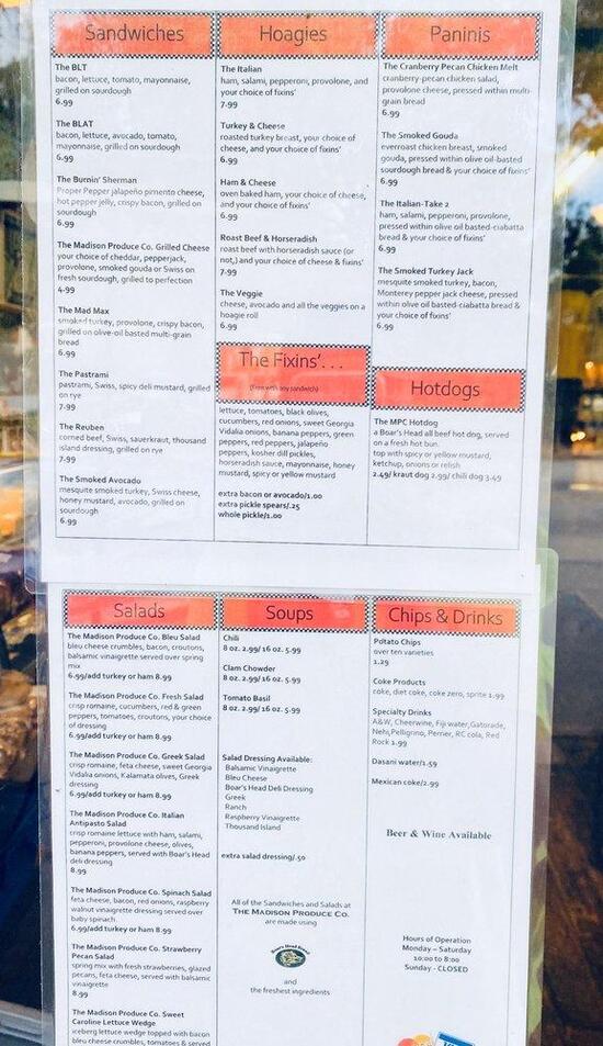 Menu at Madison Produce restaurant, Madison