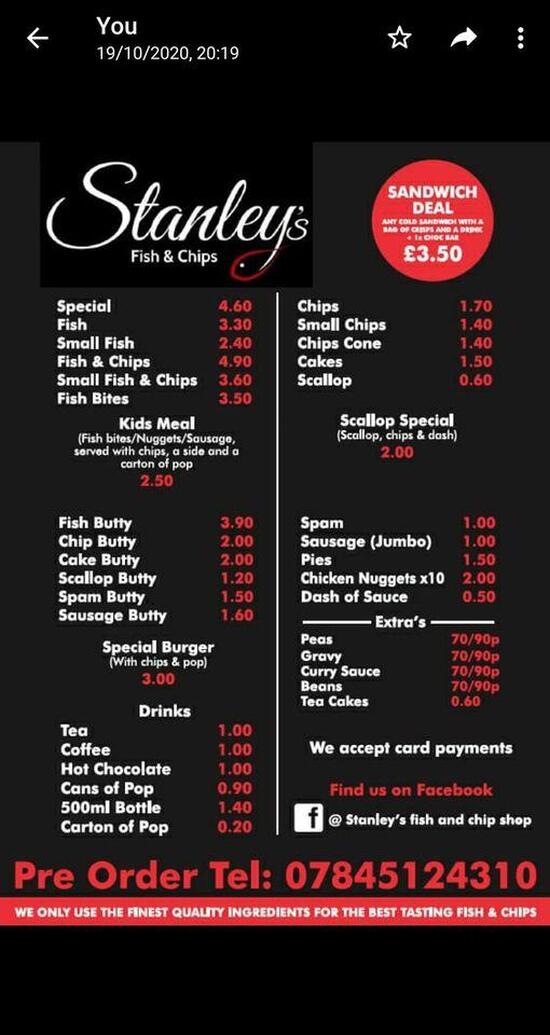 Carta de Stanley's, Fish & Chips / Sandwich bar, Halifax