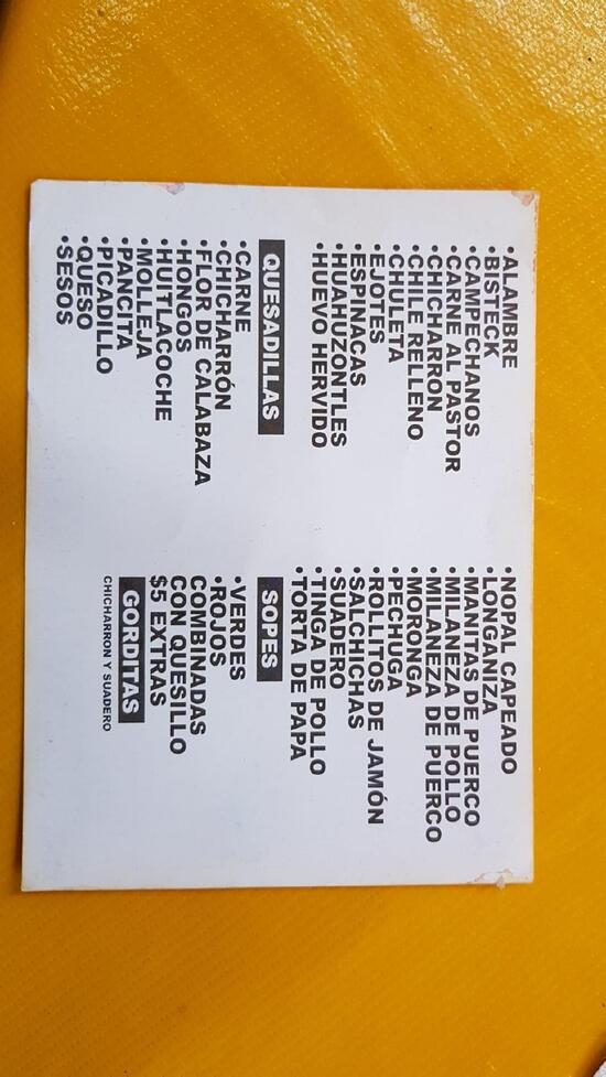 Menu at La Cocinita De Don Andrés restaurant, Mexico City