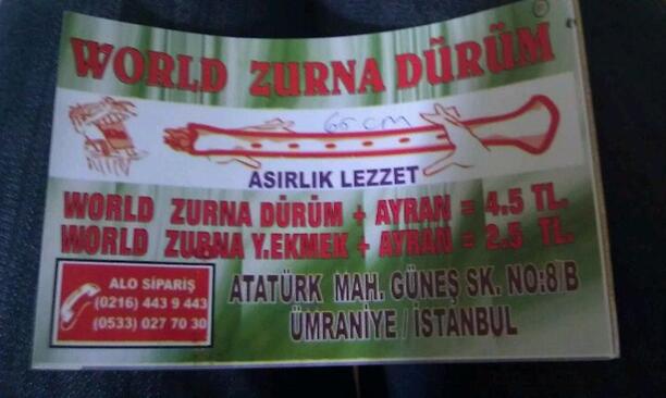 Menu at World Zurna Dürüm, Istanbul, Güneş Sokağı 8/B