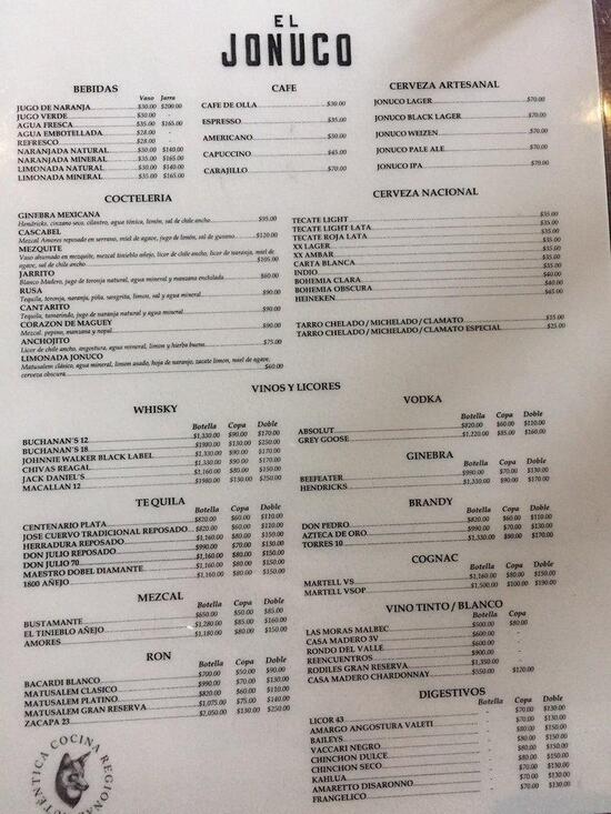 Carta del restaurante El Jonuco, Apodaca