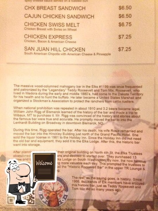 Menu at Elks Lodge restaurant, Bismarck