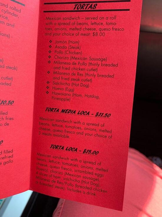 Menu at Tortas Locas restaurant, Sanford