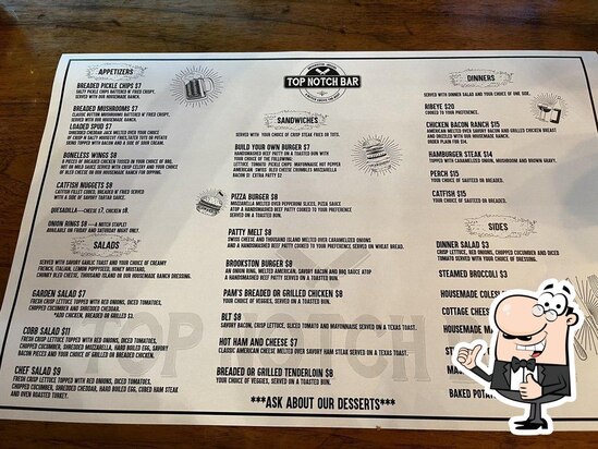 Menu at Top Notch Bar, Brookston