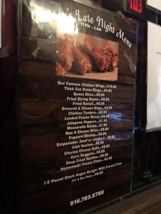 Menu at Cassidy's Pub, North Bellmore