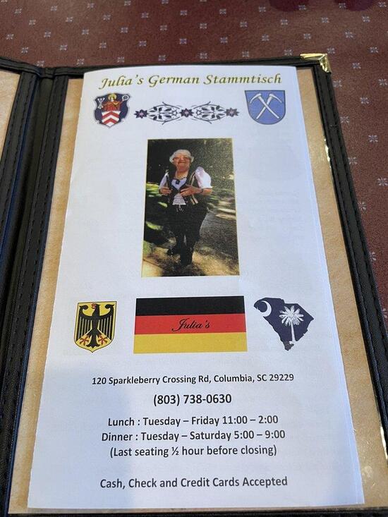 Menu at Julia's German Stammtisch restaurant, Columbia, 120 ...