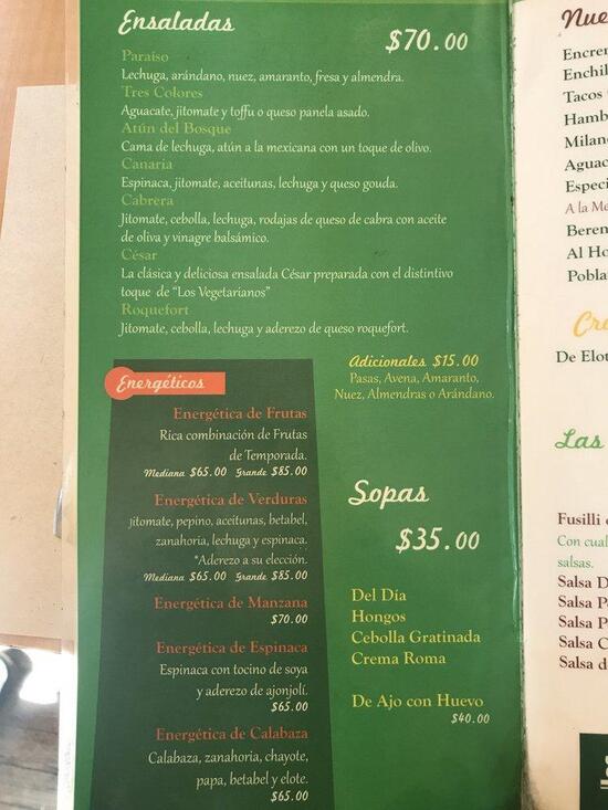 Menu at El Vegetariano, Madero restaurant, Mexico City