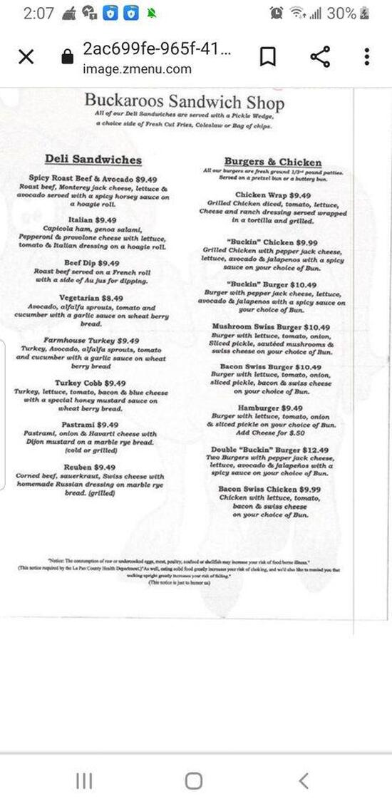 Menu at Buckaroos Country Store restaurant, Brenda