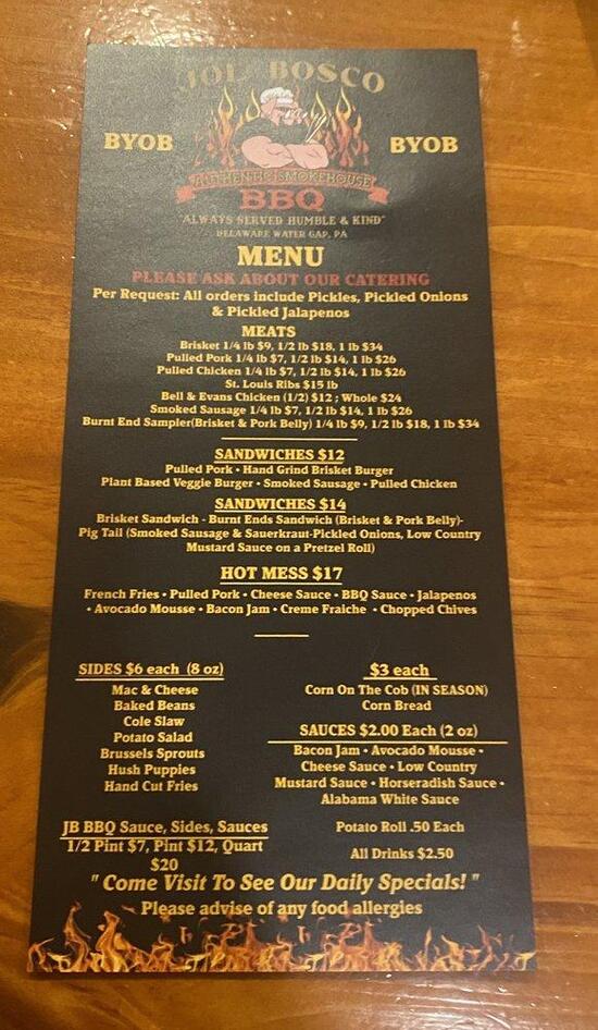 Menu at Joe Bosco Authentic Smokehouse BBQ, Delaware Water Gap