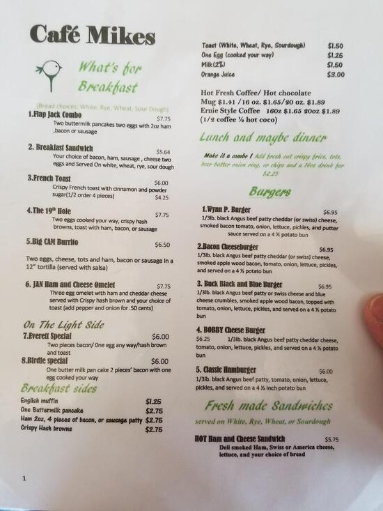 Menu at Café Mike's restaurant, Idaho Falls, 100 E 65th N