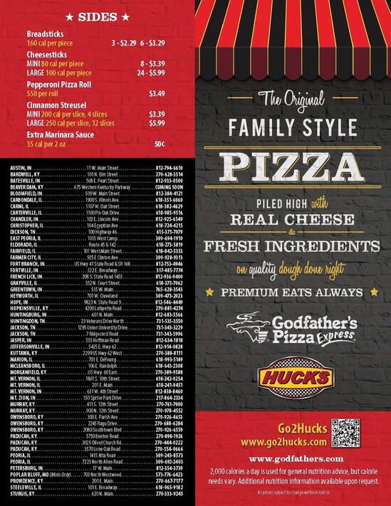 Menu at Godfather's Pizza pizzeria, Evansville