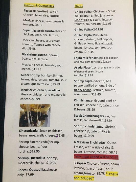 Menu at Cafe Tula Taqueria, Hanceville