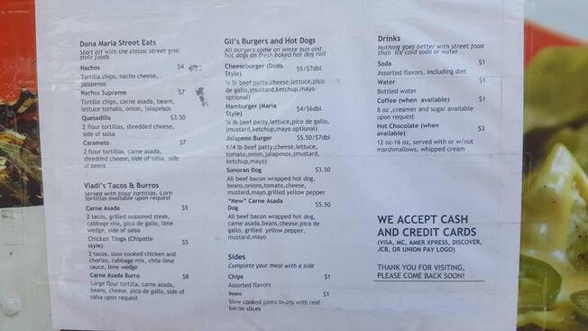 Menu at Taqueria Dona Maria restaurant, Tucson