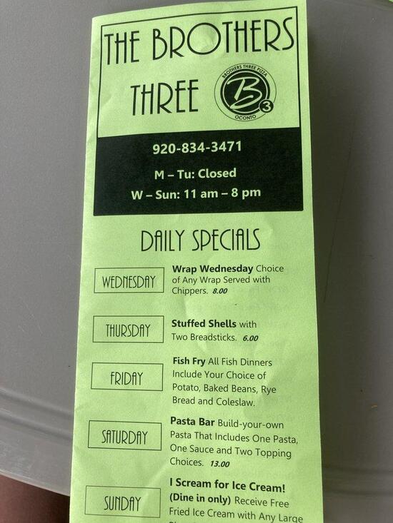 Menu at Brothers Three pub & bar, Oconto