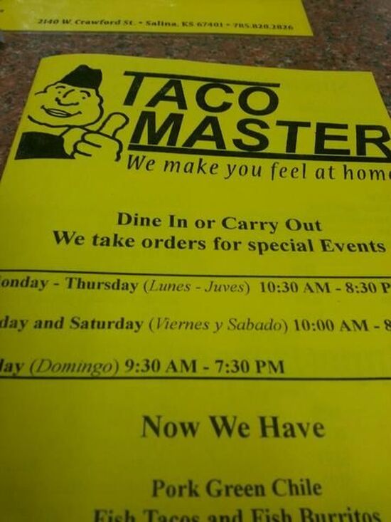 Menu at Taco Master, Salina, W Crawford St