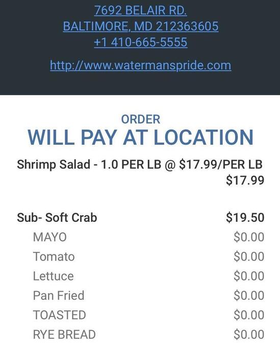 Menu at Waterman's Pride Seafood restaurant, Baltimore