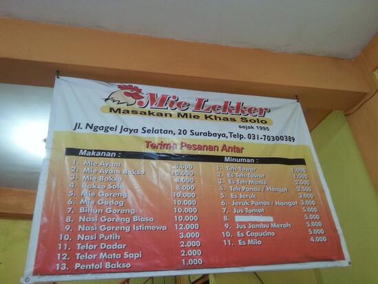 Menu at Mie Lekker restaurant, Surabaya, Ngagel Jaya Selatan St No.20
