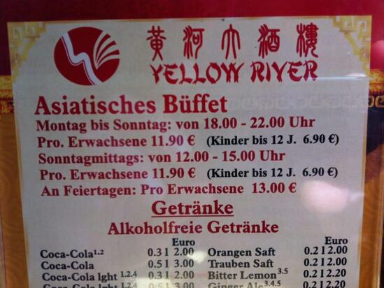 Menu at Yellow River restaurant, Lüdenscheid
