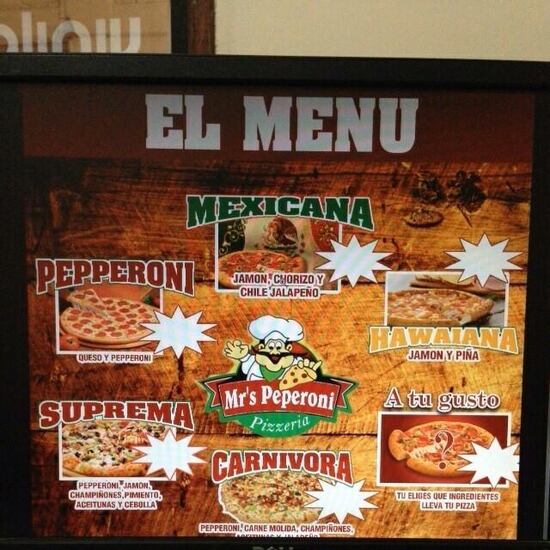 Menu at Mr's peperoni pizzeria, Piedras Negras