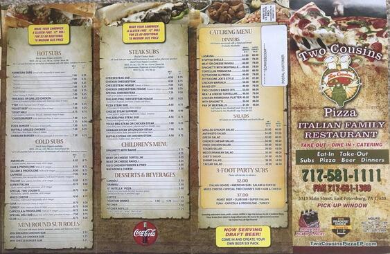 Menu at Two Cousins pizzeria, East Petersburg, 5313 Main St Ste A