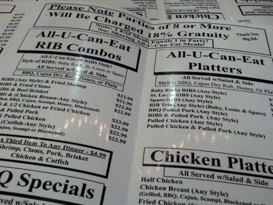 Menu at Big Ed's BBQ, Matawan
