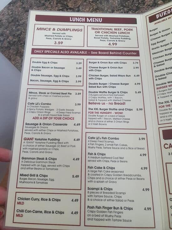 Menu at Cafe L, Hebburn