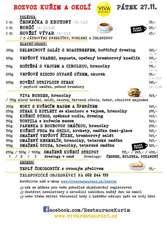 Menu at VIVA restaurant, Kurim