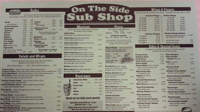 Menu at On the Side Sub Shop pizzeria, Olean