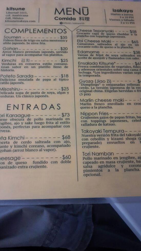 Menu at Kitsune Izakaya restaurant, Guadalajara