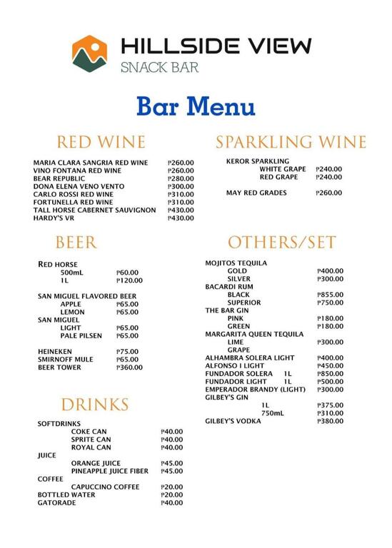 Menu at Hillside View Snack Bar, Cagayan de Oro