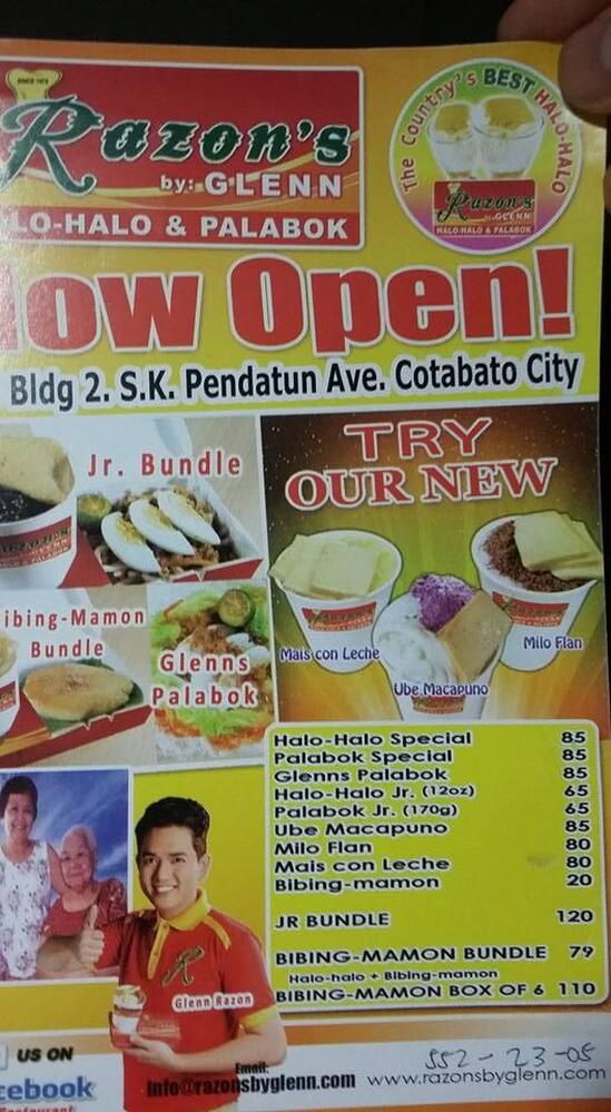 Menu at Razon's Cotabato restaurant, Cotabato City
